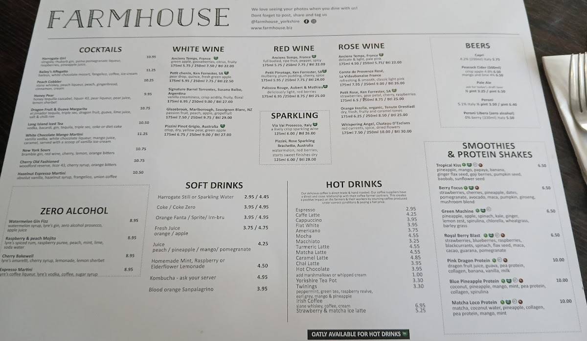 Menu at Farmhouse restaurant, Harrogate