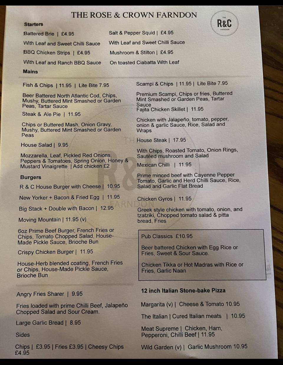 Menu at The Rose & Crown pub & bar, Newark-on-Trent, 25 Main St