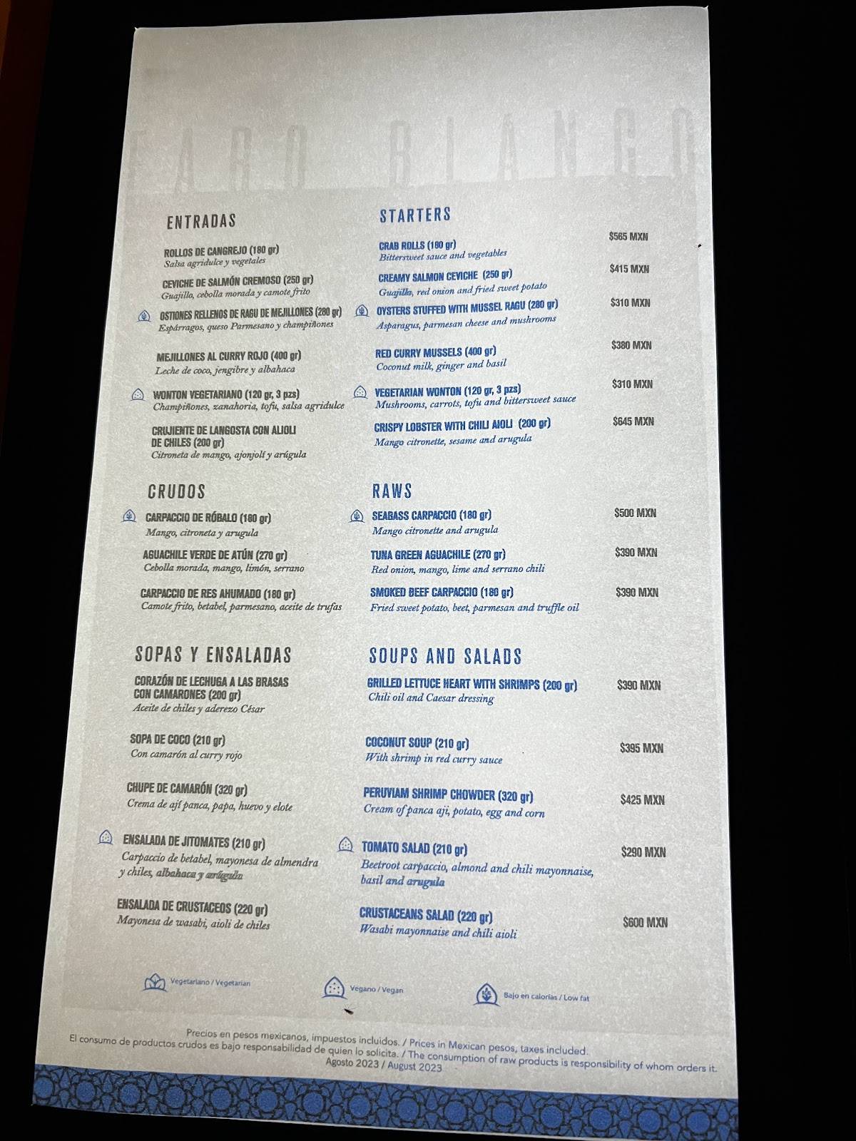 Menu at Faro Blanco restaurant, San Miguel de Cozumel, Carrretera ...