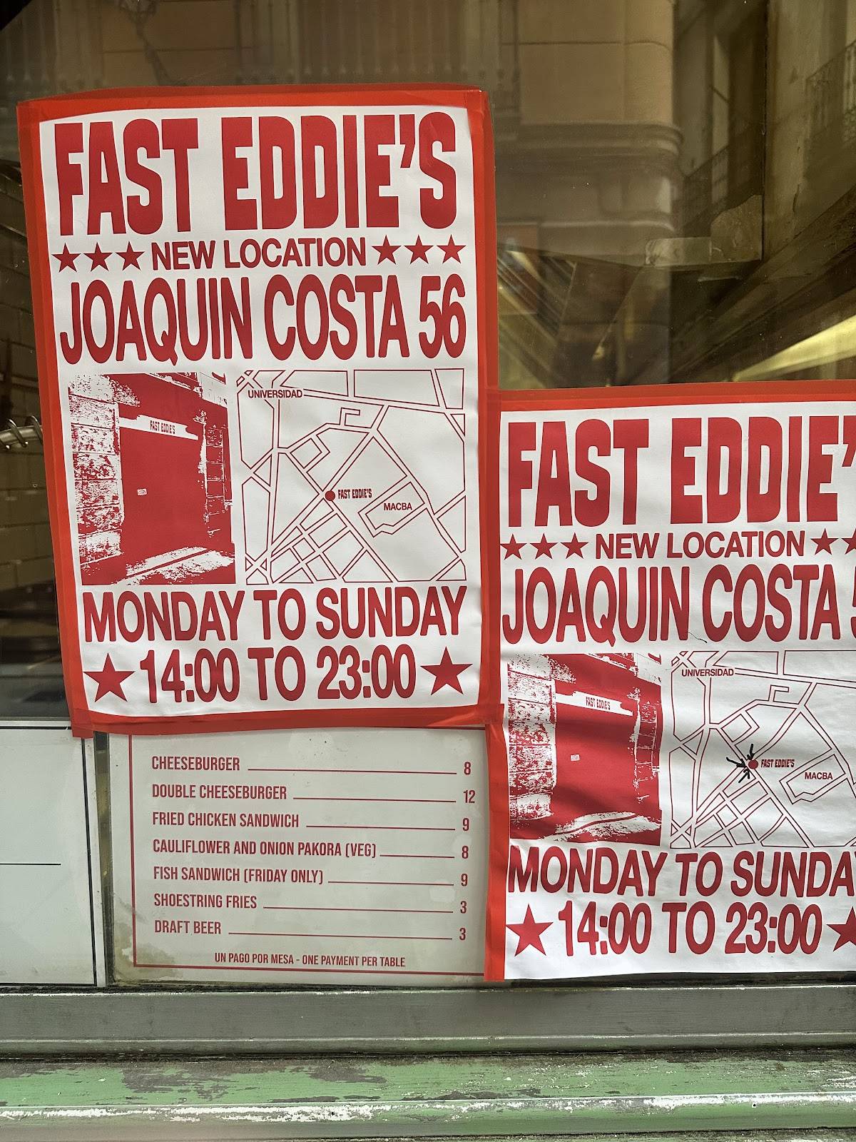 Menu at Fast Eddie’s restaurant, Barcelona