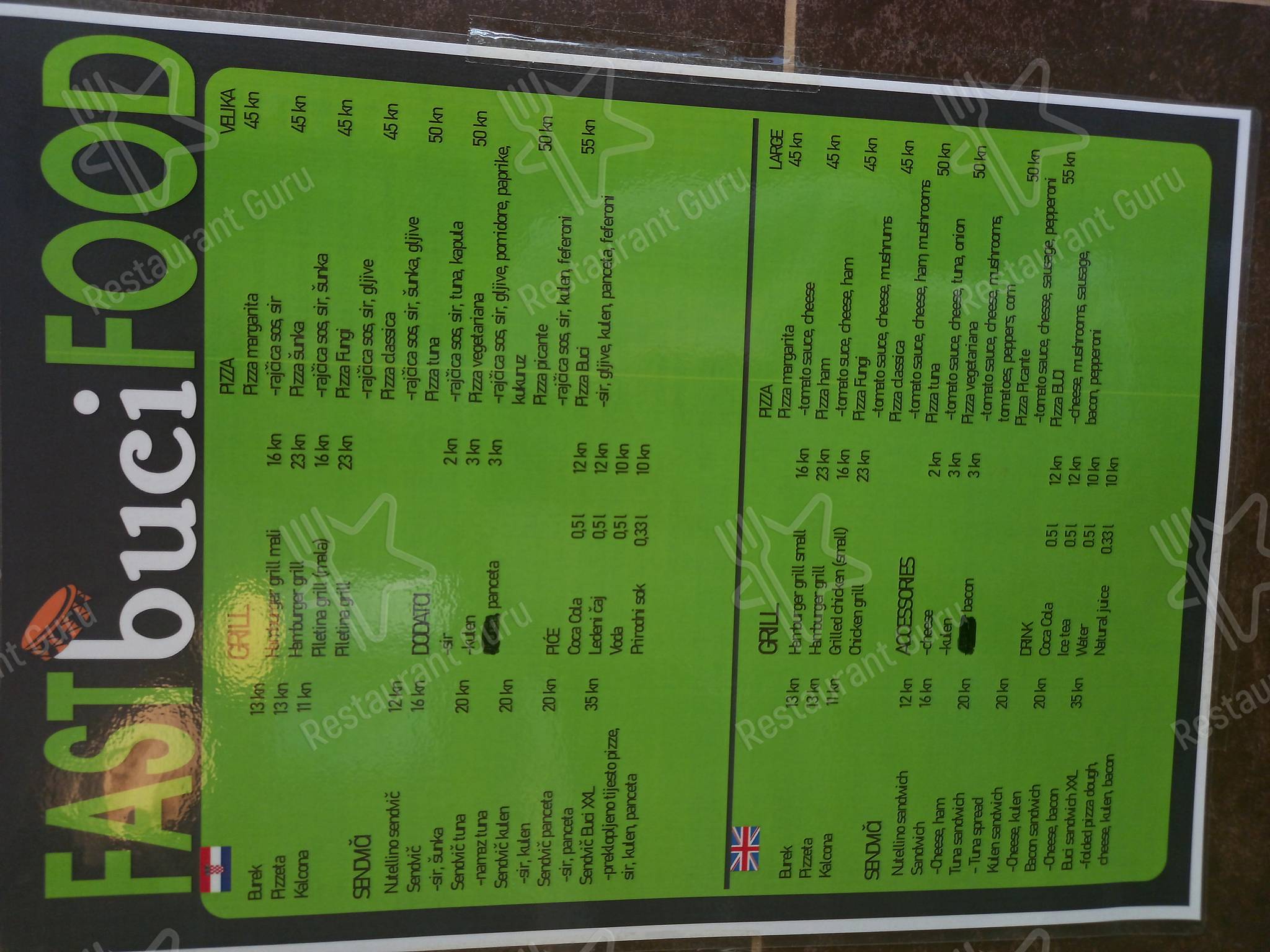 Menu at Fast Food Buci, Šibenik, Put Gimnazije 62 e