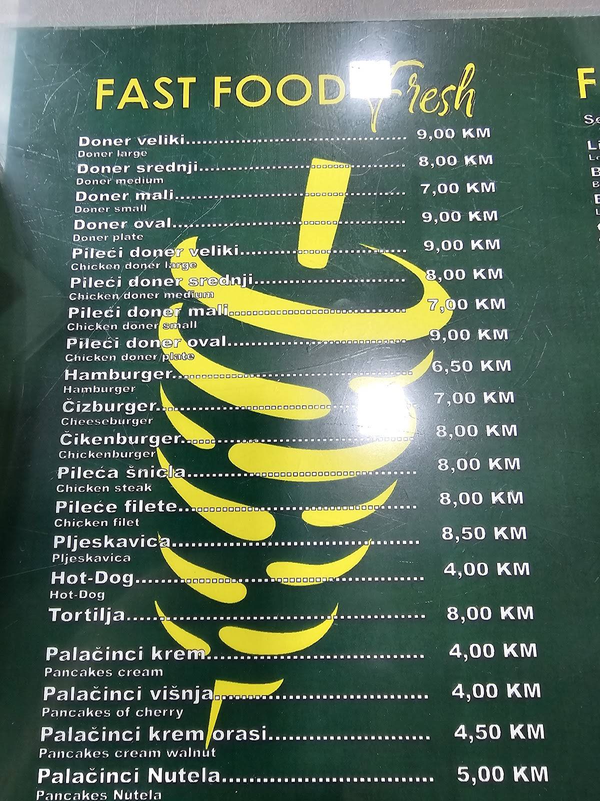 Menu at Fast Food Fresh, Sarajevo, Ustanička 13