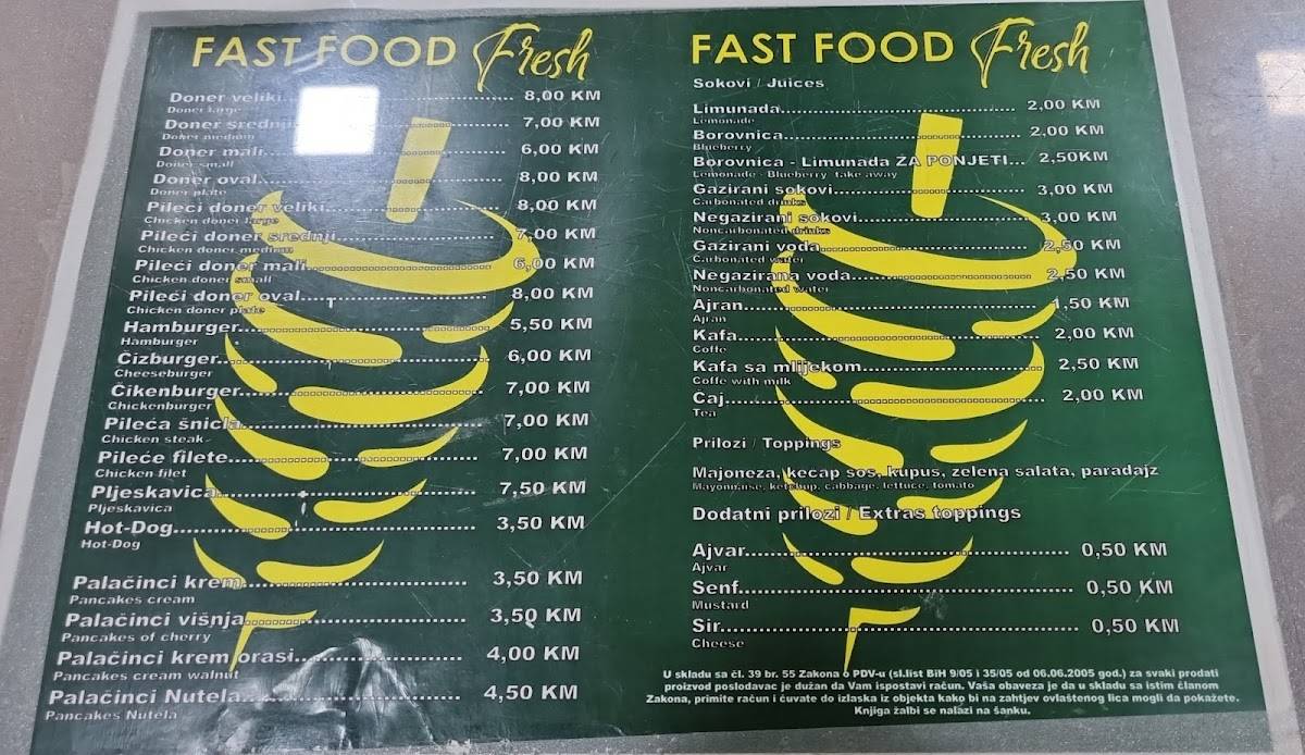 Menu at Fast Food Fresh, Sarajevo, Ustanička 13