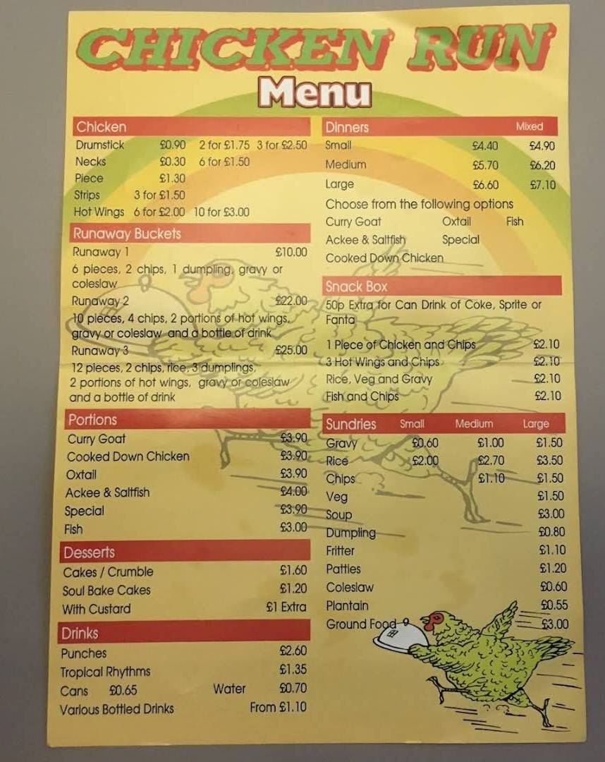 Menu at Chicken Run Manchester fast food, Manchester, 6 Yarburgh St