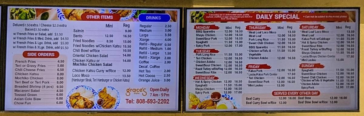 Menu at Grace's Inn fast food, Honolulu, S Beretania St. # 101