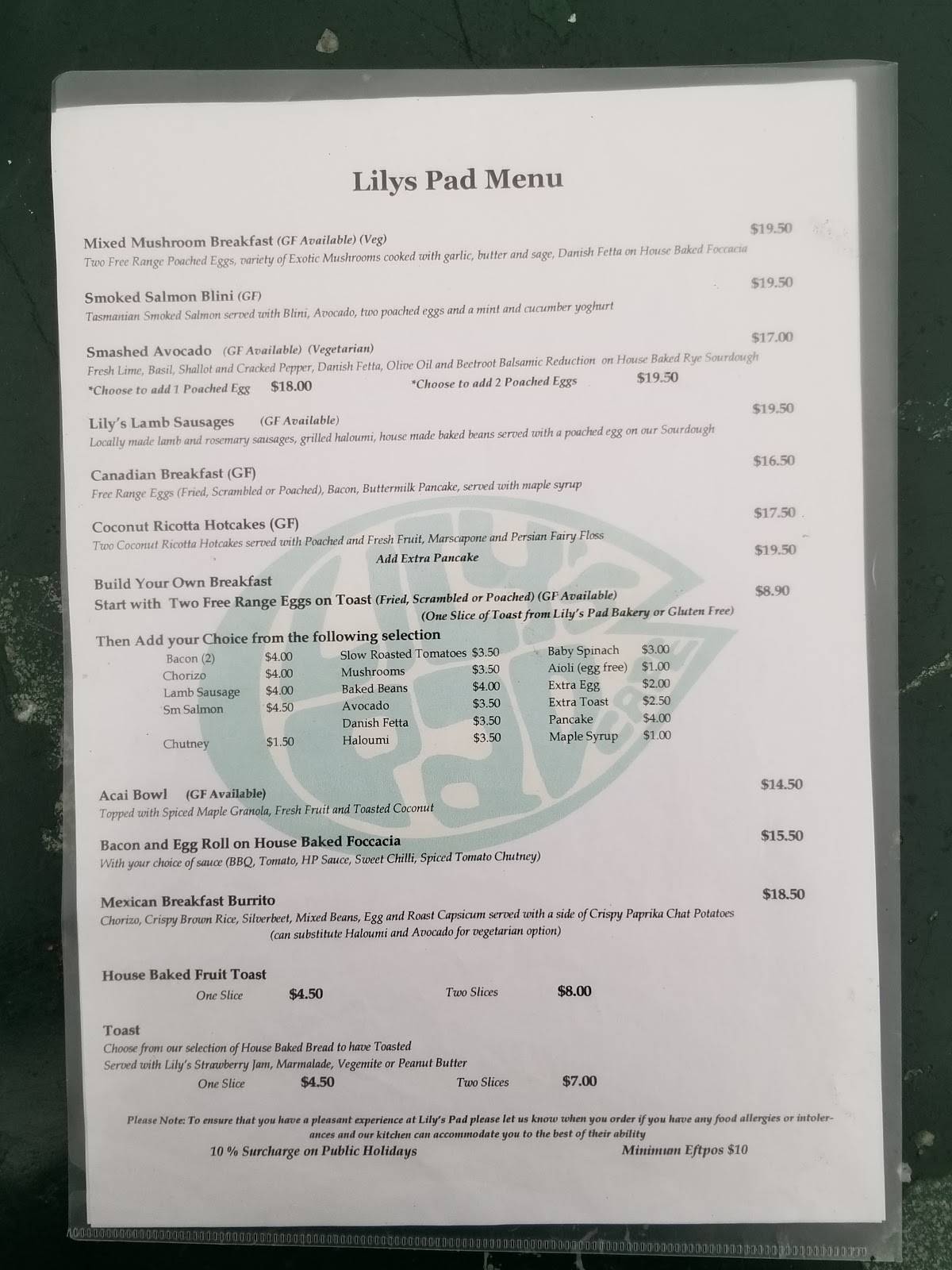Menu at Lily's Pad Cafe, Leura