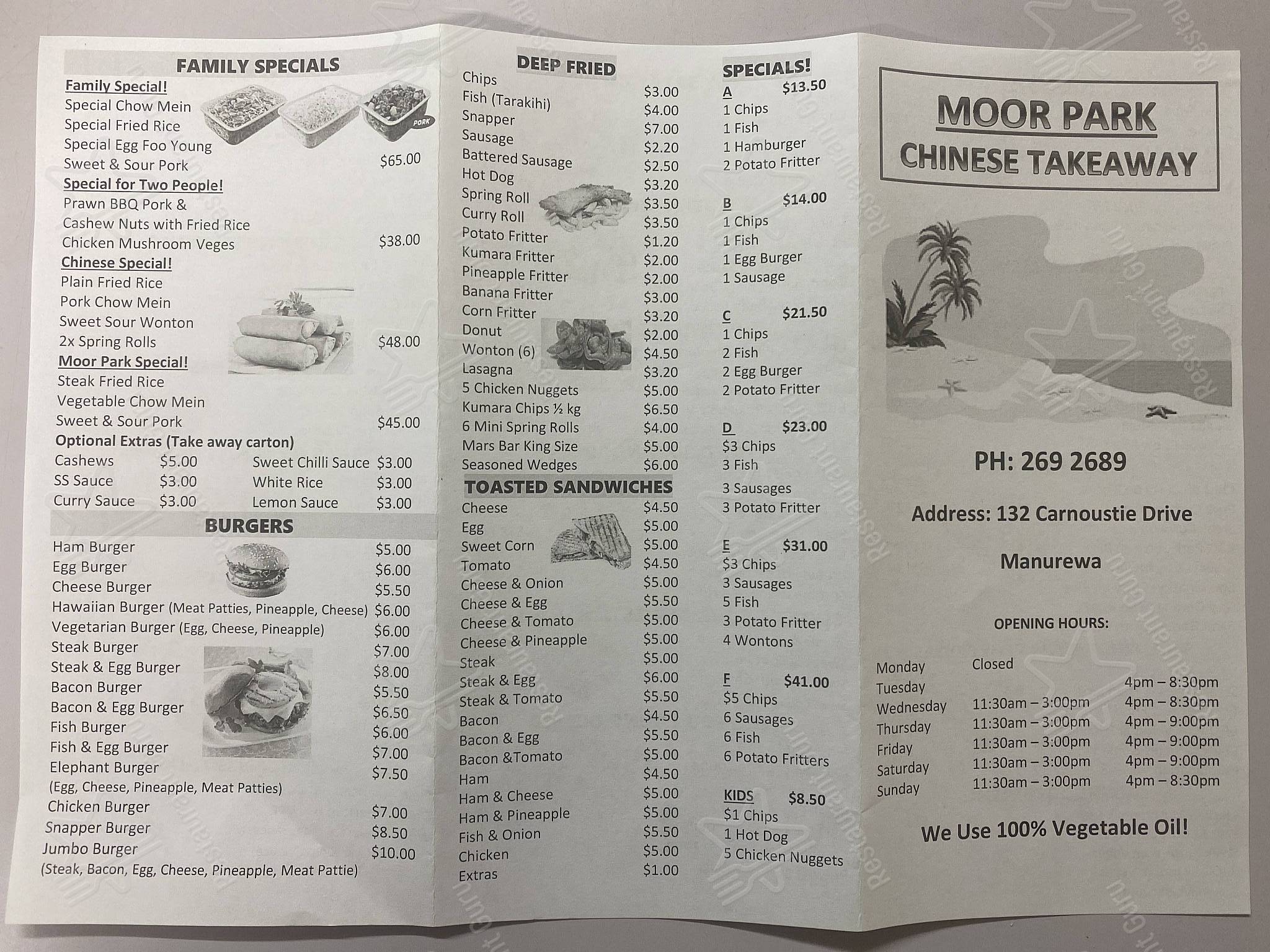 Menu at Moor Park Takeaway fast food, Auckland