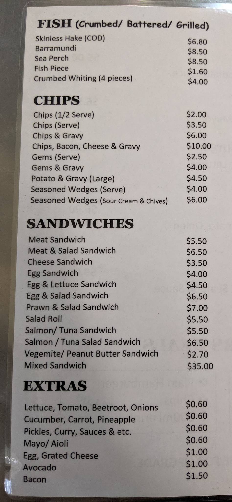 Menu at Raceview Fish & Chips & Takeaway fast food, Raceview