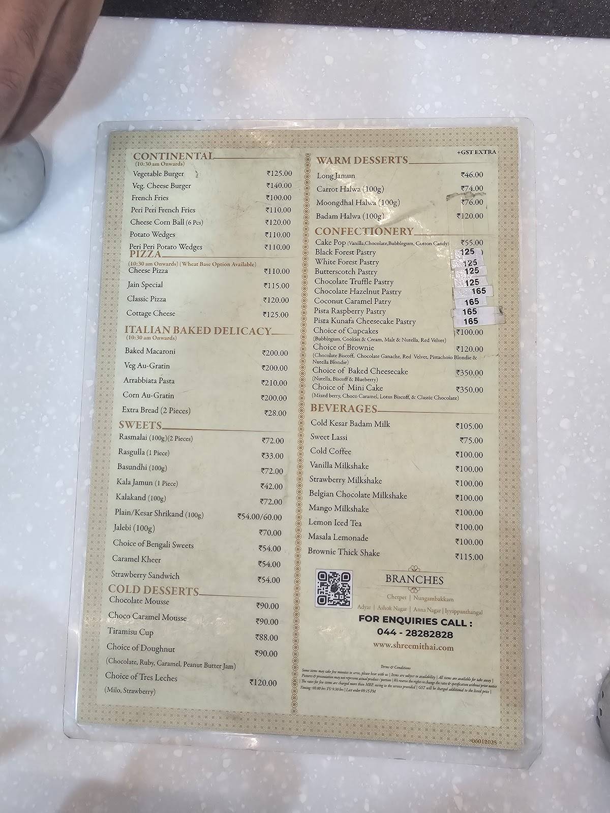 Menu at Shree Mithai, Chennai, 18