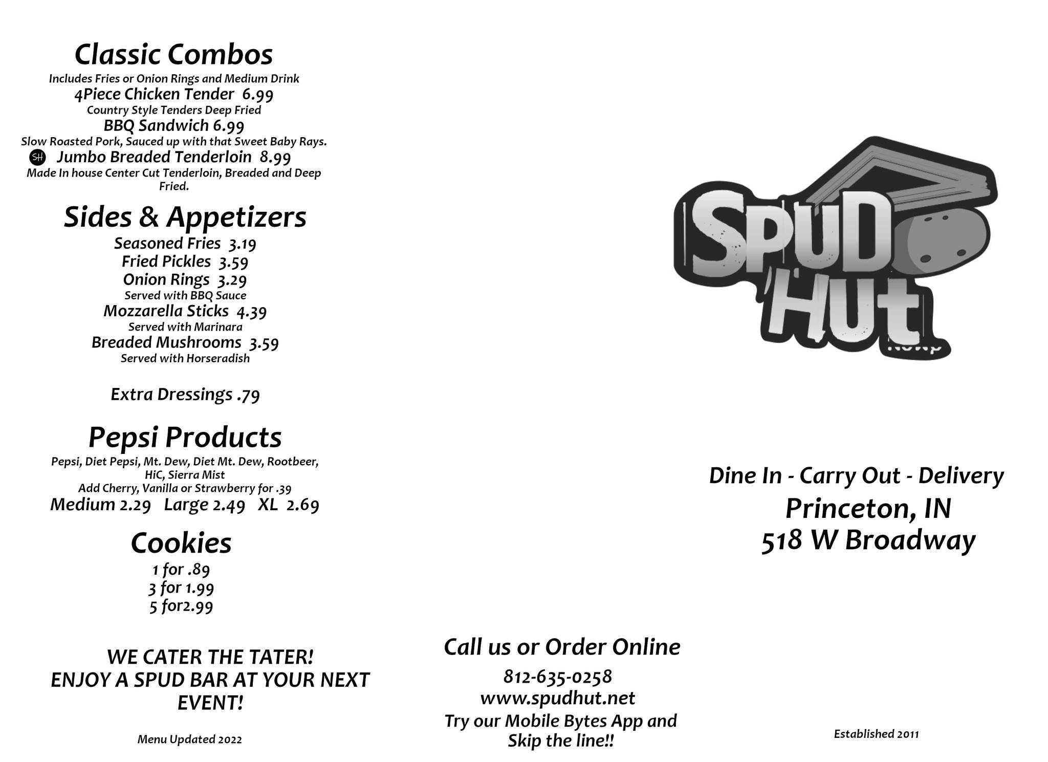 Menu at Spud Hut fast food, Princeton