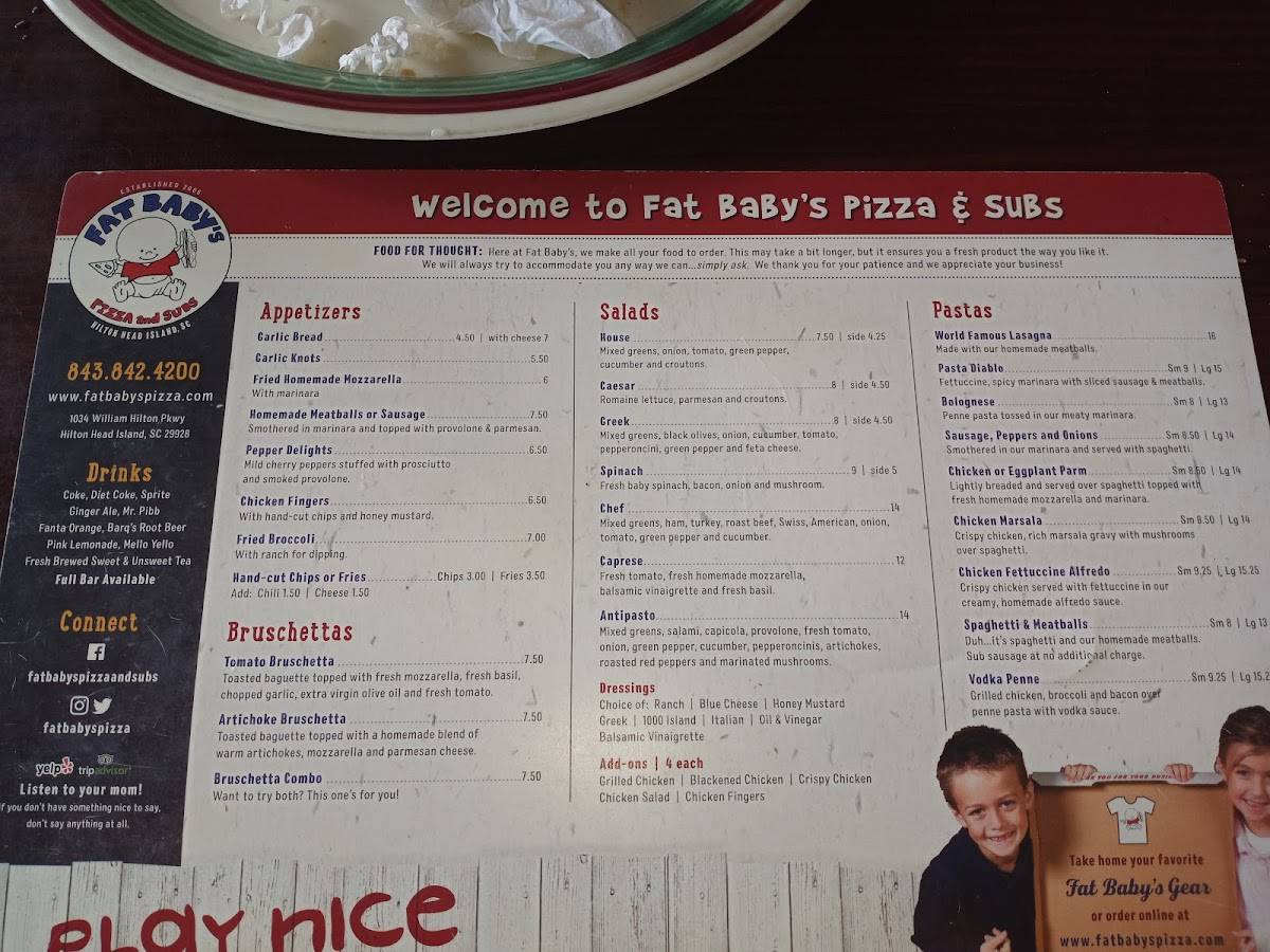 Menu at Fat Baby's Pizza & Subs pizzeria, Hilton Head Island
