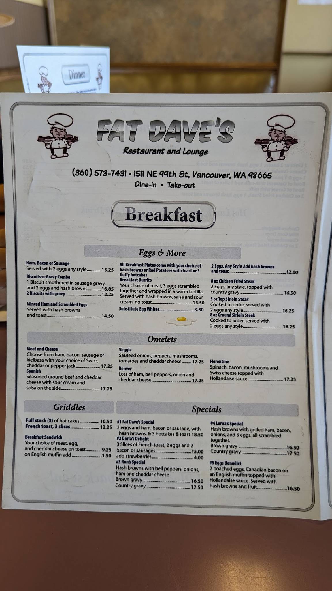 Menu at Fat Daves restaurant, Vancouver