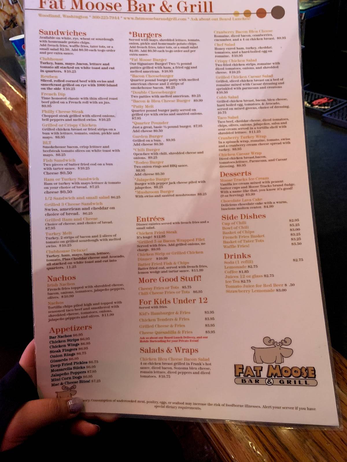 Menu at Fat Moose Bar & Grill, Woodland