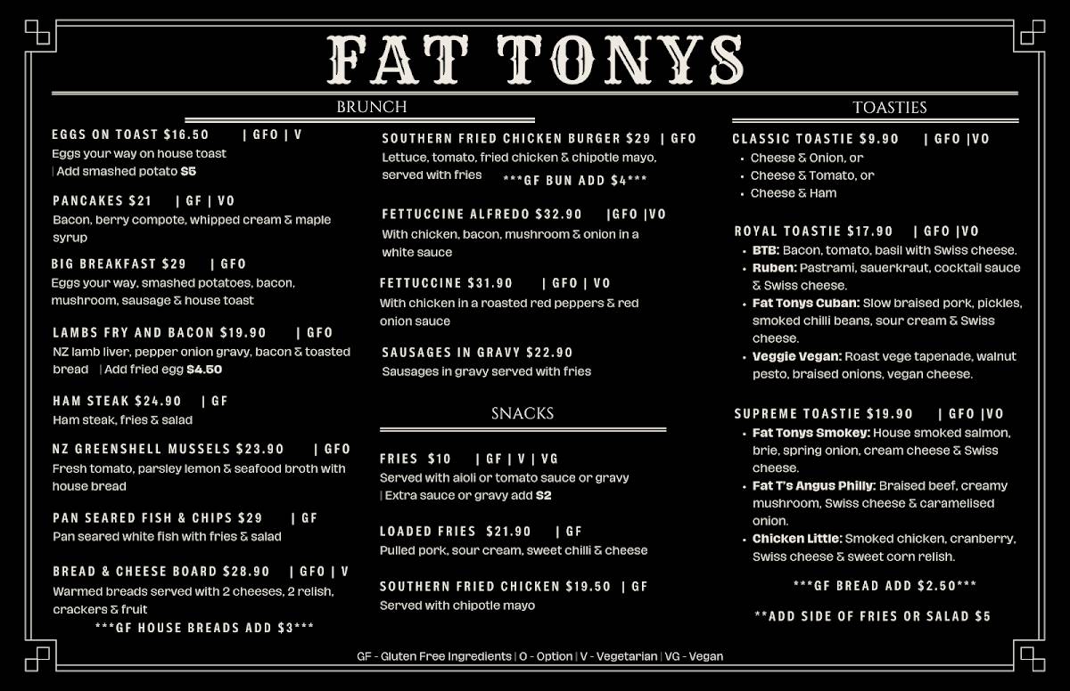 Menu at Fat Tonys cafe, Blenheim