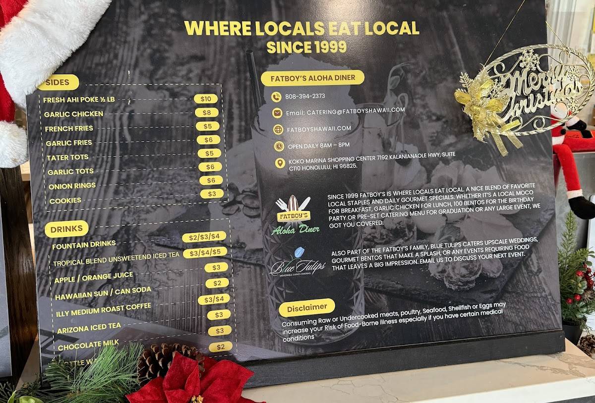 Menu at Fatboy's Hawaii Kai restaurant, Honolulu, Kalanianaʻole Hwy