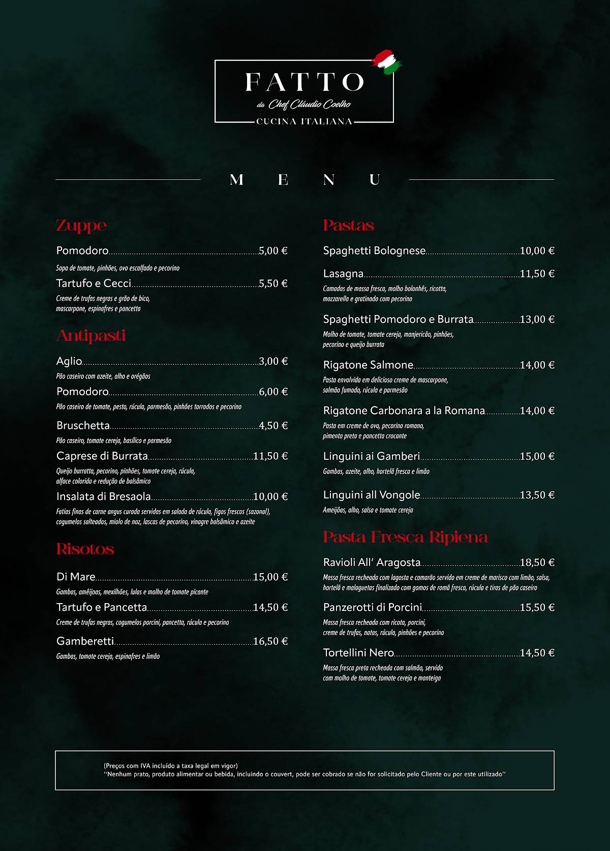 Menu at Fatto da Cláudio Coelho restaurant, Sintra