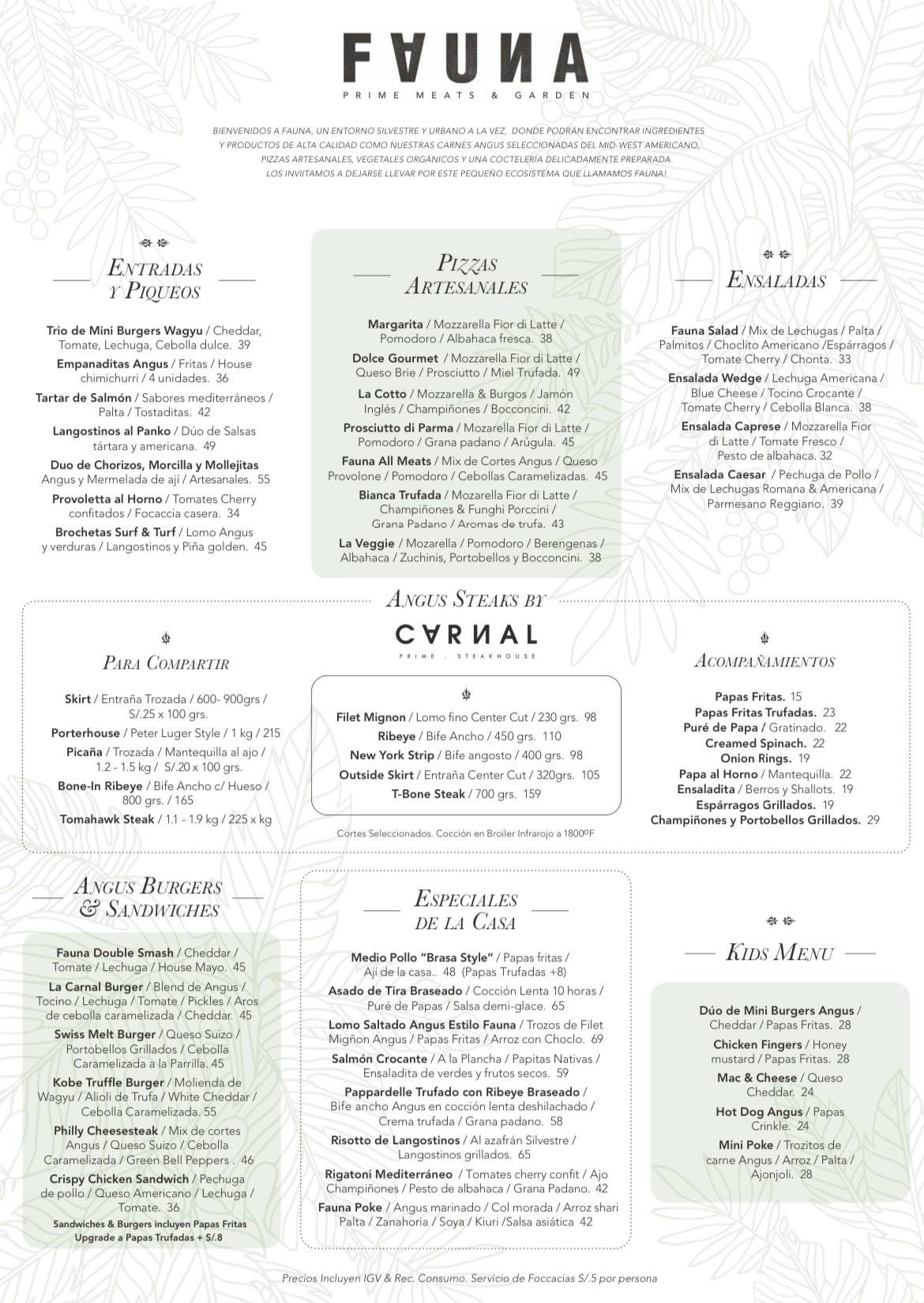 Carta de Fauna Restaurante, Santiago de Surco