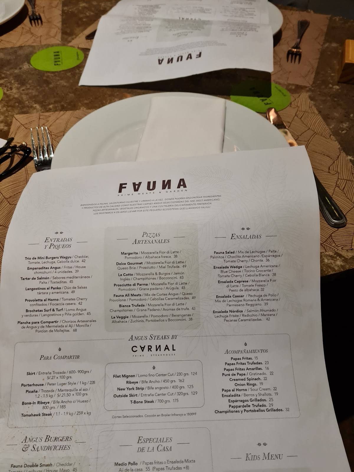 Carta de Fauna Restaurante, Santiago de Surco