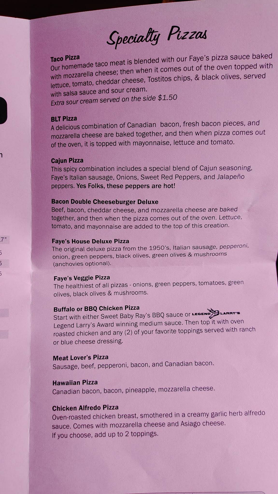 Menu at Faye's Pizza pizzeria, Sheboygan