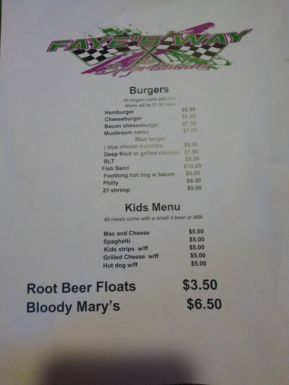 Menu at Faye's Way Sportsmans pub & bar, Elroy