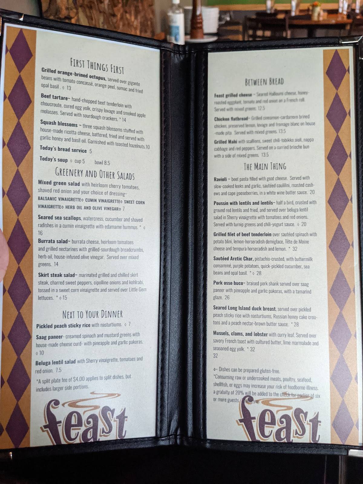 Menu at Feast restaurant, Tucson, E Speedway Blvd