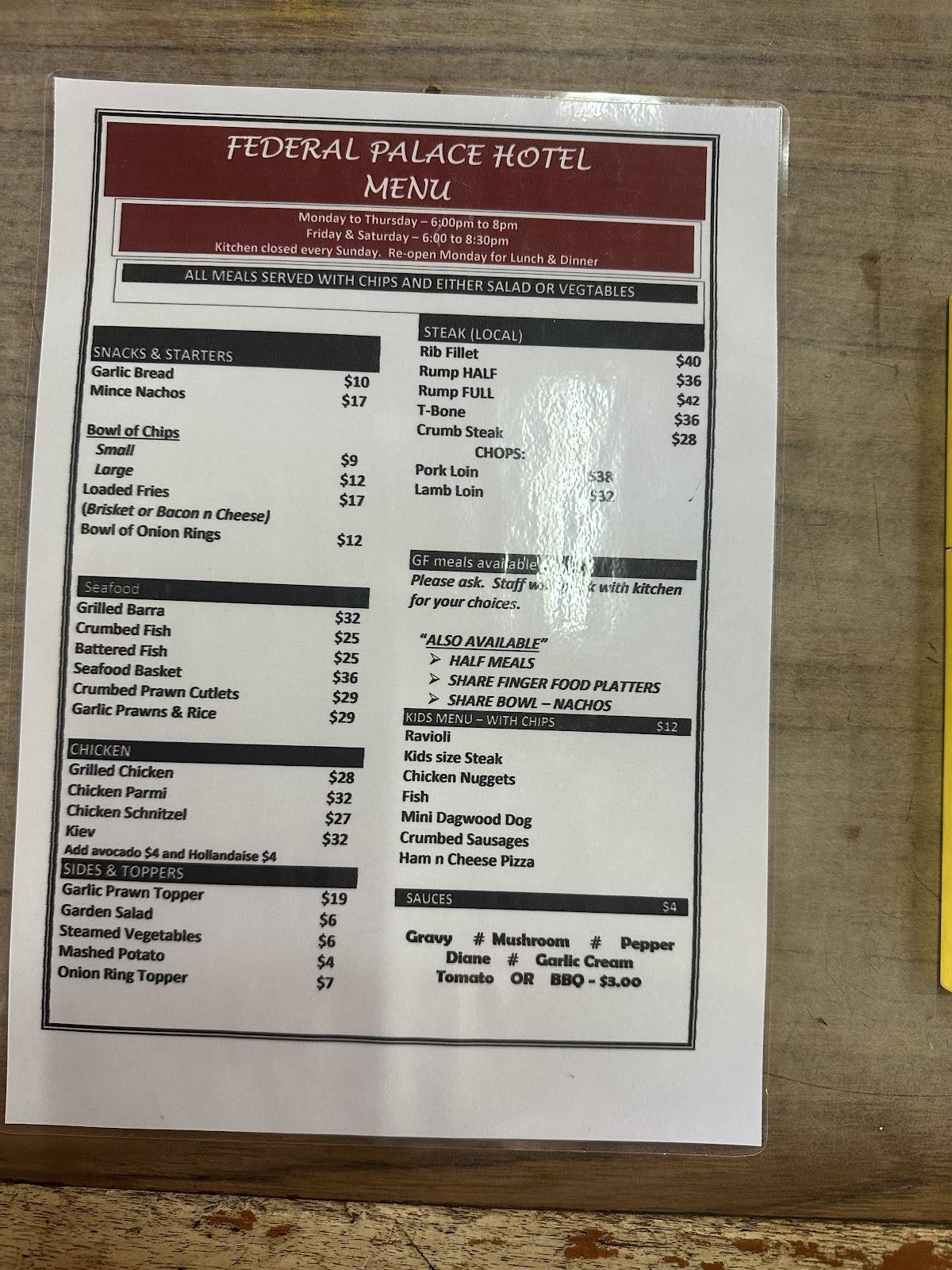 Menu at Federal Palace Hotel pub & bar, Richmond
