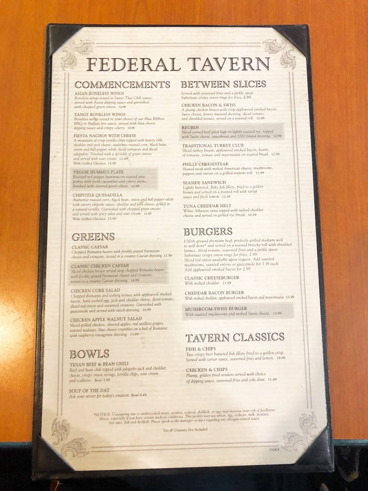 Menu at Federal Tavern pub & bar, Warwick