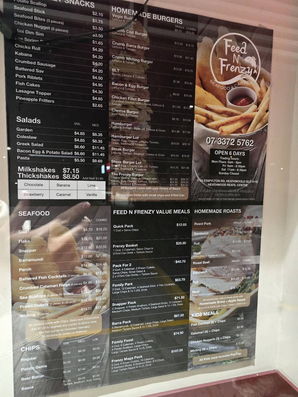 Menu at Feed N Frenzy fast food, Heathwood, 7/15 Stapylton Rd
