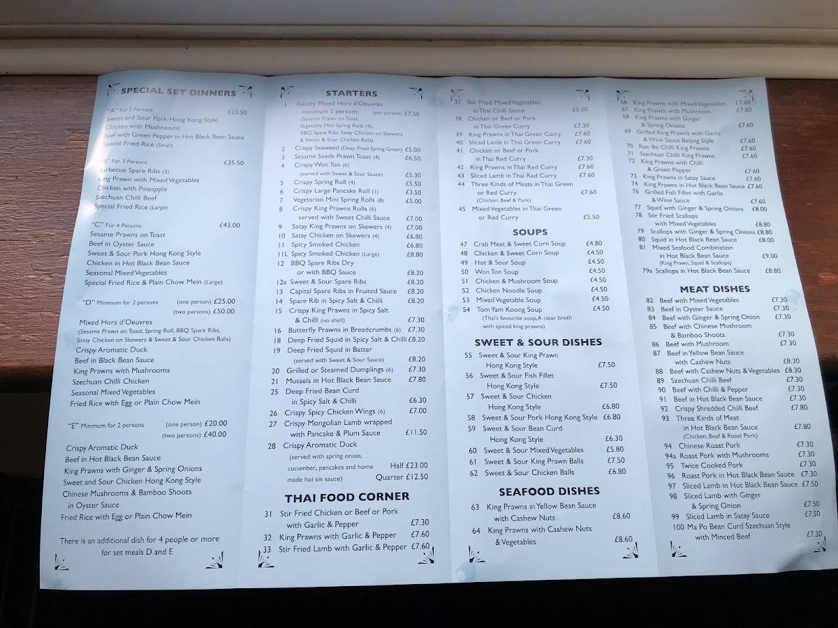 Menu at Felicity Chinese Restaurant, Westoning