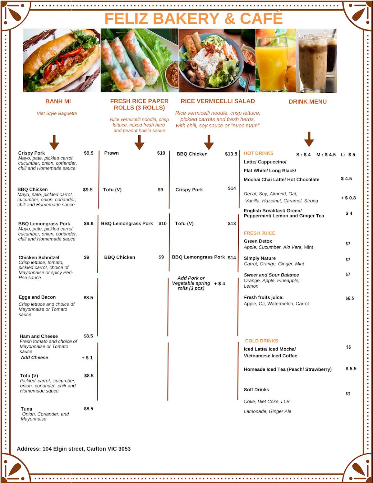 Menu at Feliz Bakery & Cafe, Carlton
