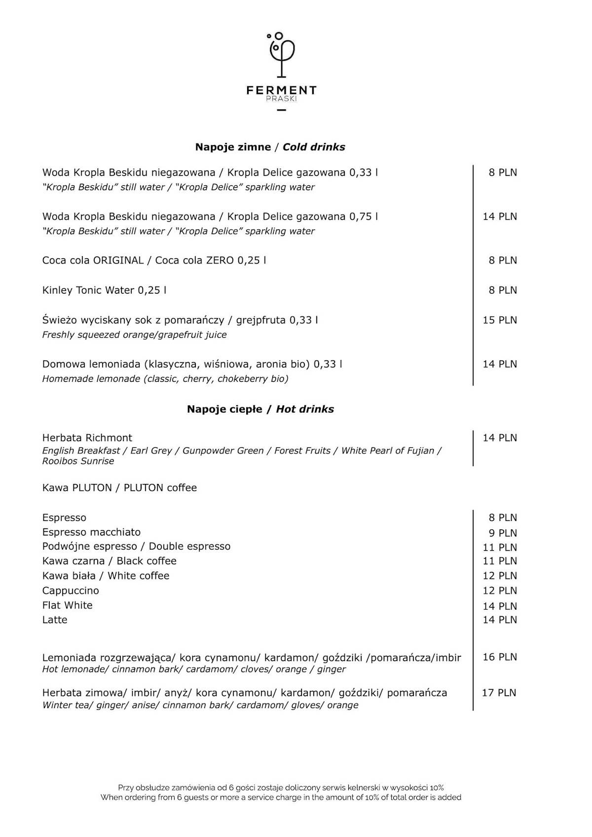 Menu at Ferment Praski restaurant, Warsaw