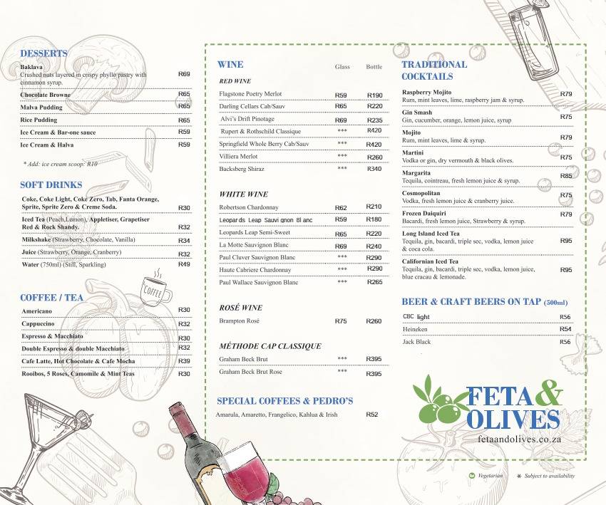 Menu at Feta & Olives Cresta restaurant, Randburg