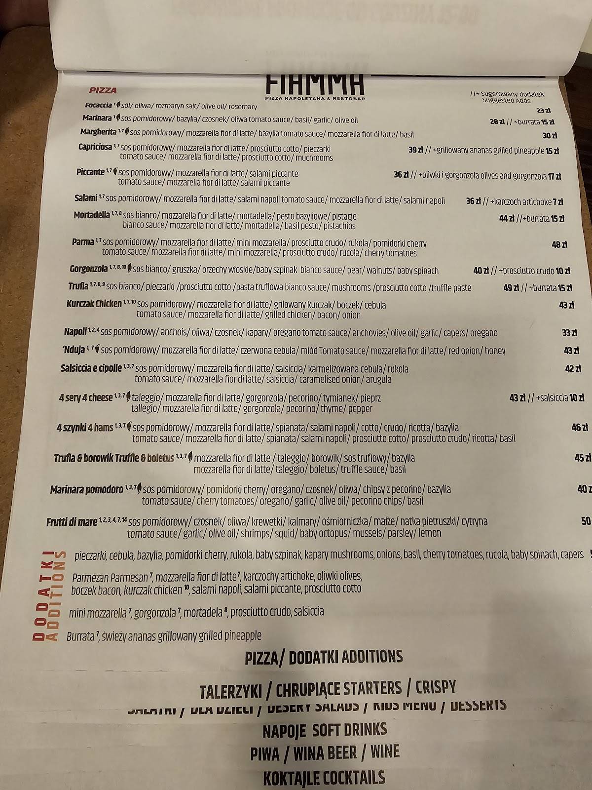 Menu at Fiamma restaurant, Warsaw
