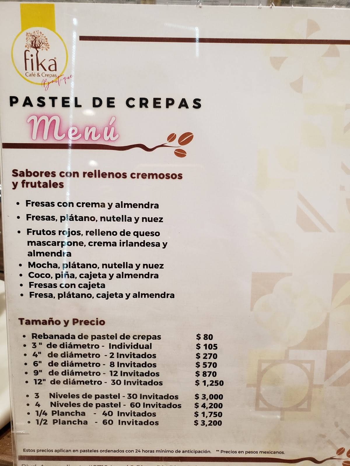 Carta de Fika Cafe & Crepas "Boutique Plaza Pio Pico", Tijuana, Blvd ...