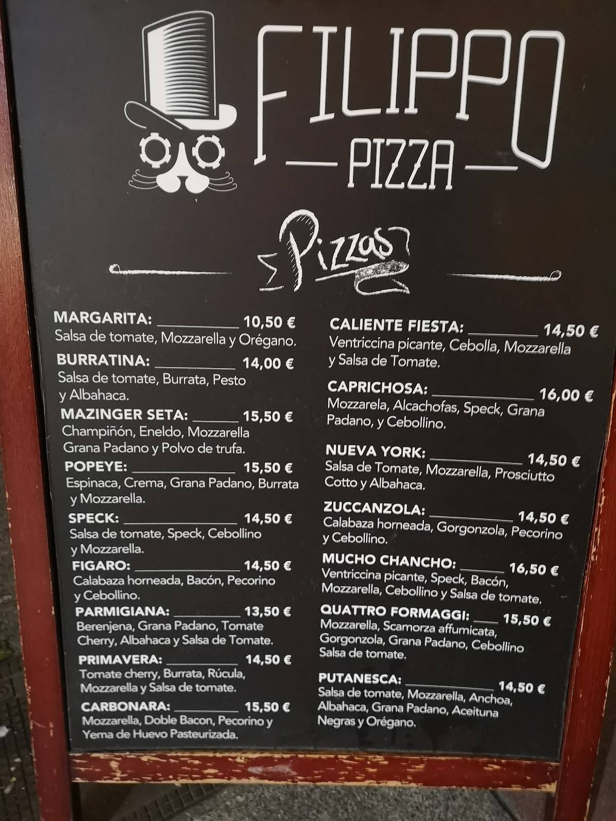 Carta de pizzería Filippo Pizza, Madrid, C. del Conde de Peñalver