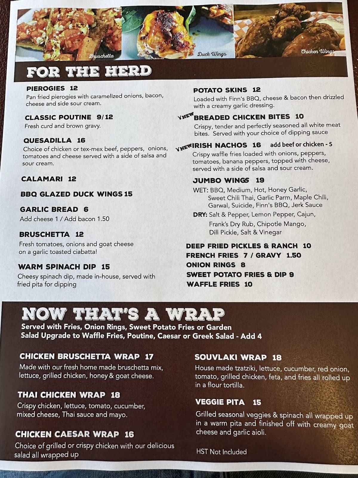 Menu at Finn’s Pub, Madoc