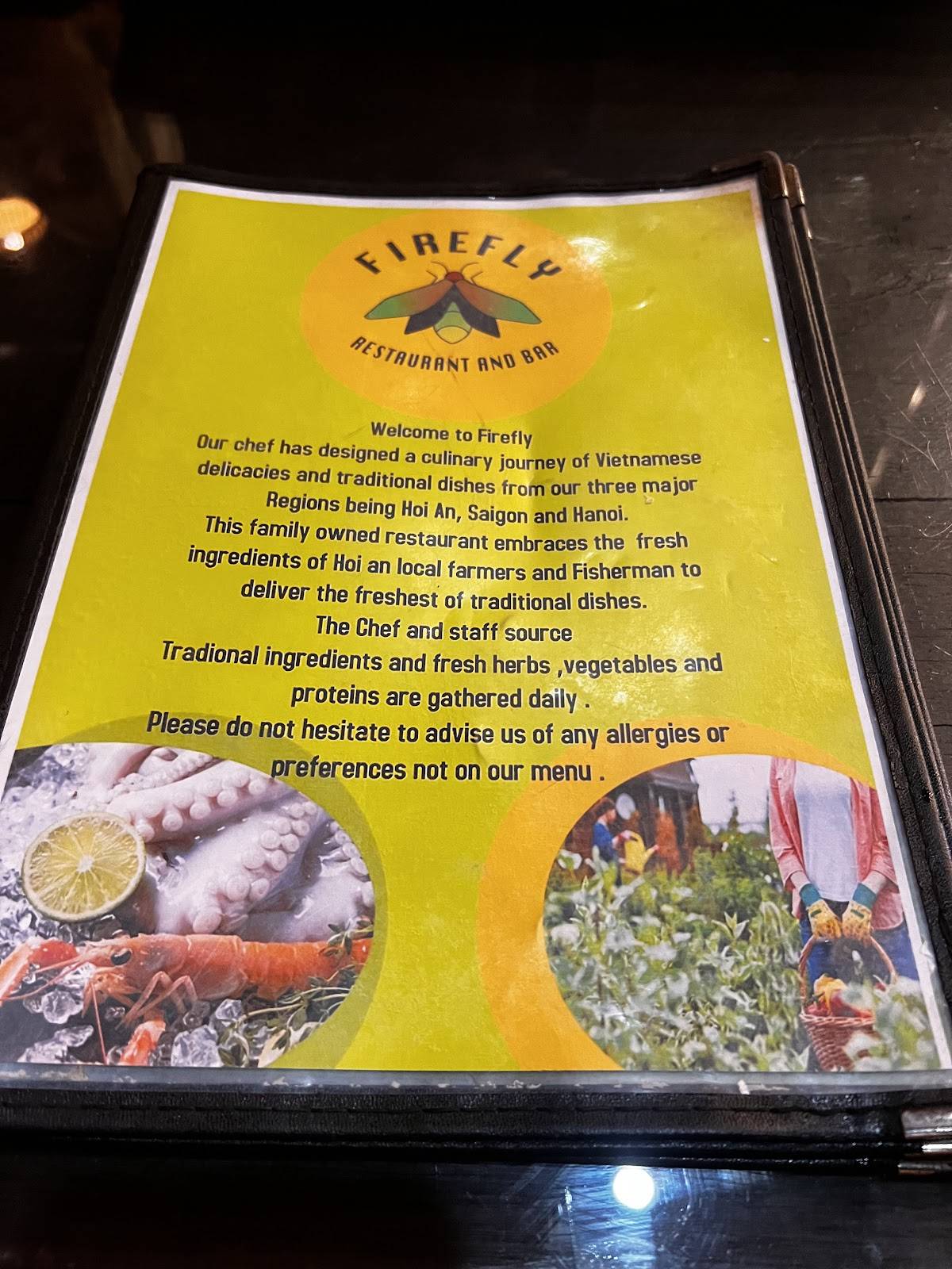 Menu at FireFly restaurant, Hoi An