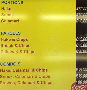 Menu at Fisherman's Lane restaurant, Cape Town, Main Road