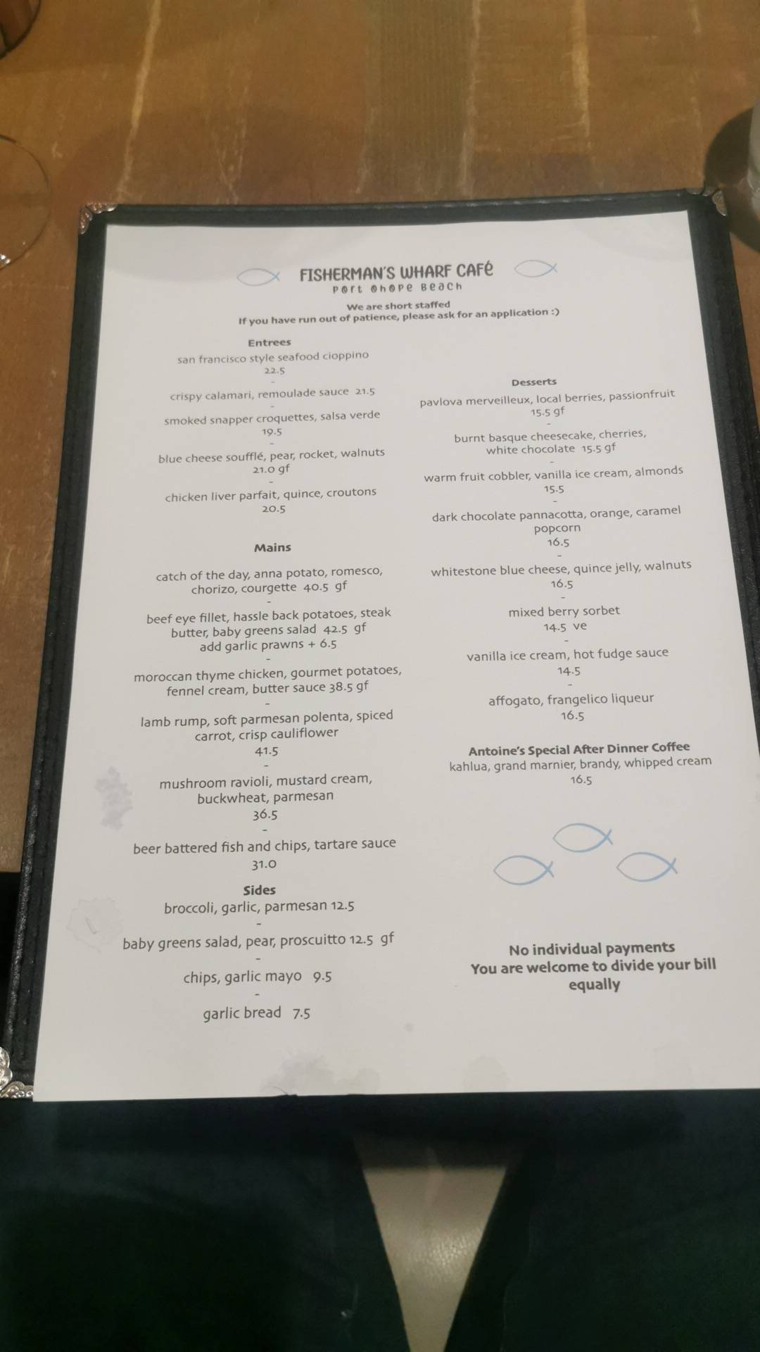 Menu at Fisherman's Wharf restaurant, Ohope
