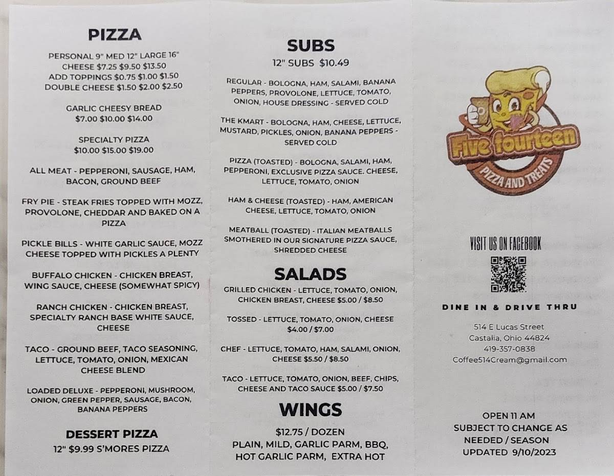 Menu at Five Fourteen Pizza & Treats - Castalia, OH pizzeria, Castalia