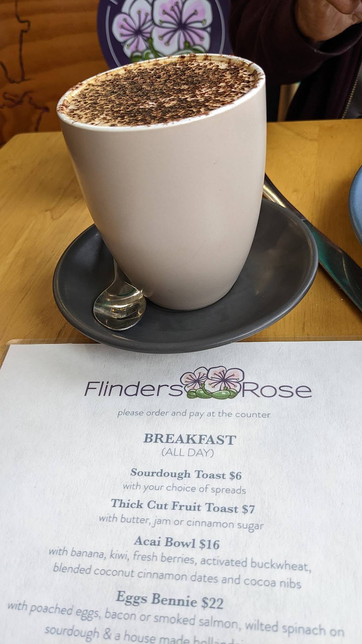 Menu at Flinders Rose cafe, Yamba