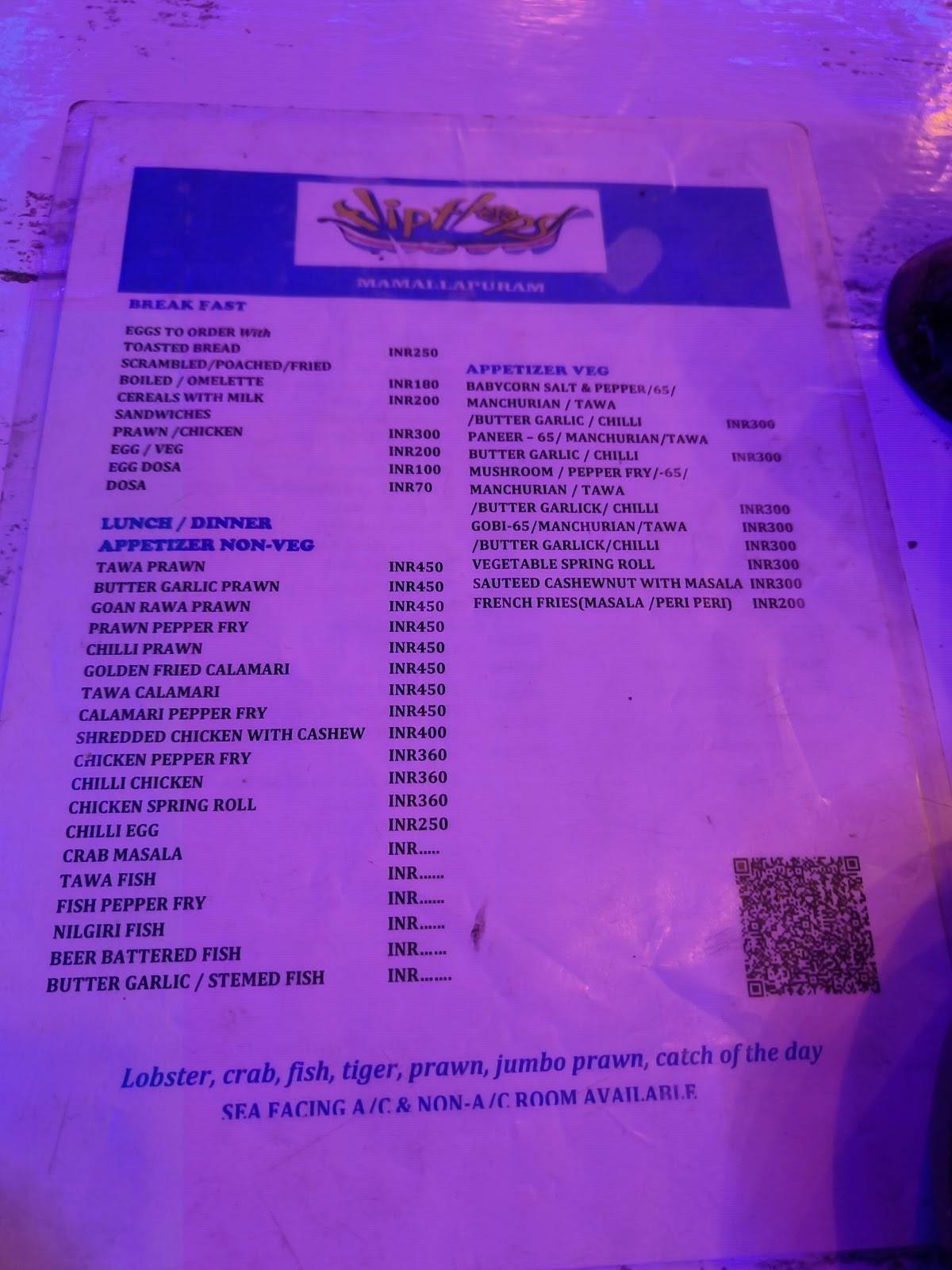 Menu at Flip Flops Beach Shack & Cafe, Mahabalipuram