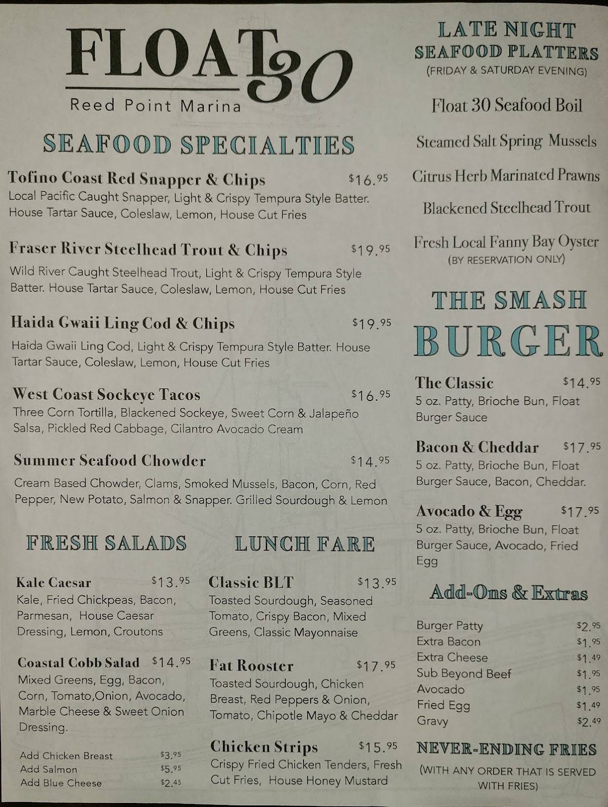 Menu at Float 30 restaurant, Port Moody