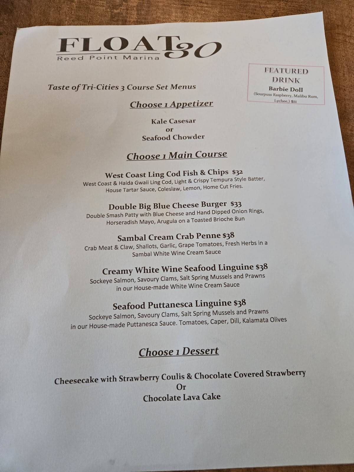 Menu at Float 30 restaurant, Port Moody