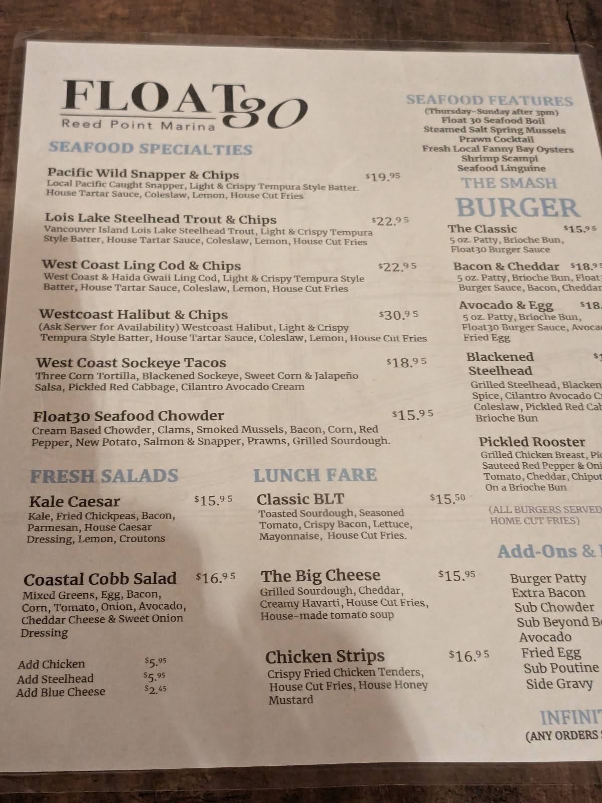 Menu at Float 30 restaurant, Port Moody