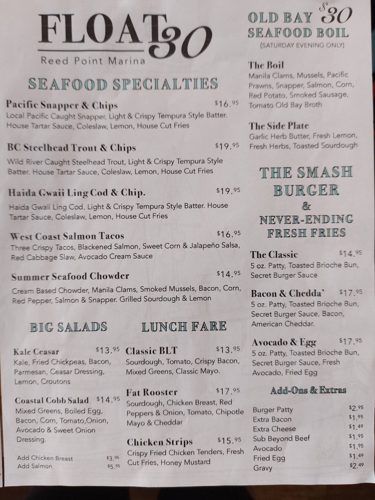 Menu at Float 30 restaurant, Port Moody