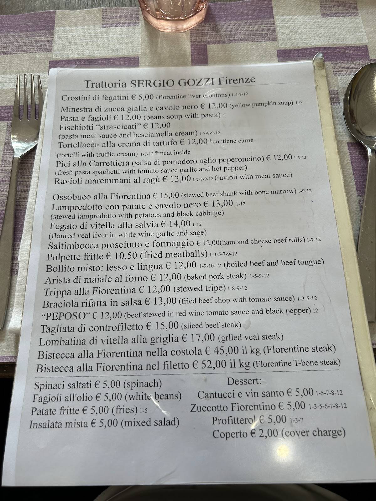 Menu at Trattoria Sergio Gozzi restaurant, Florence