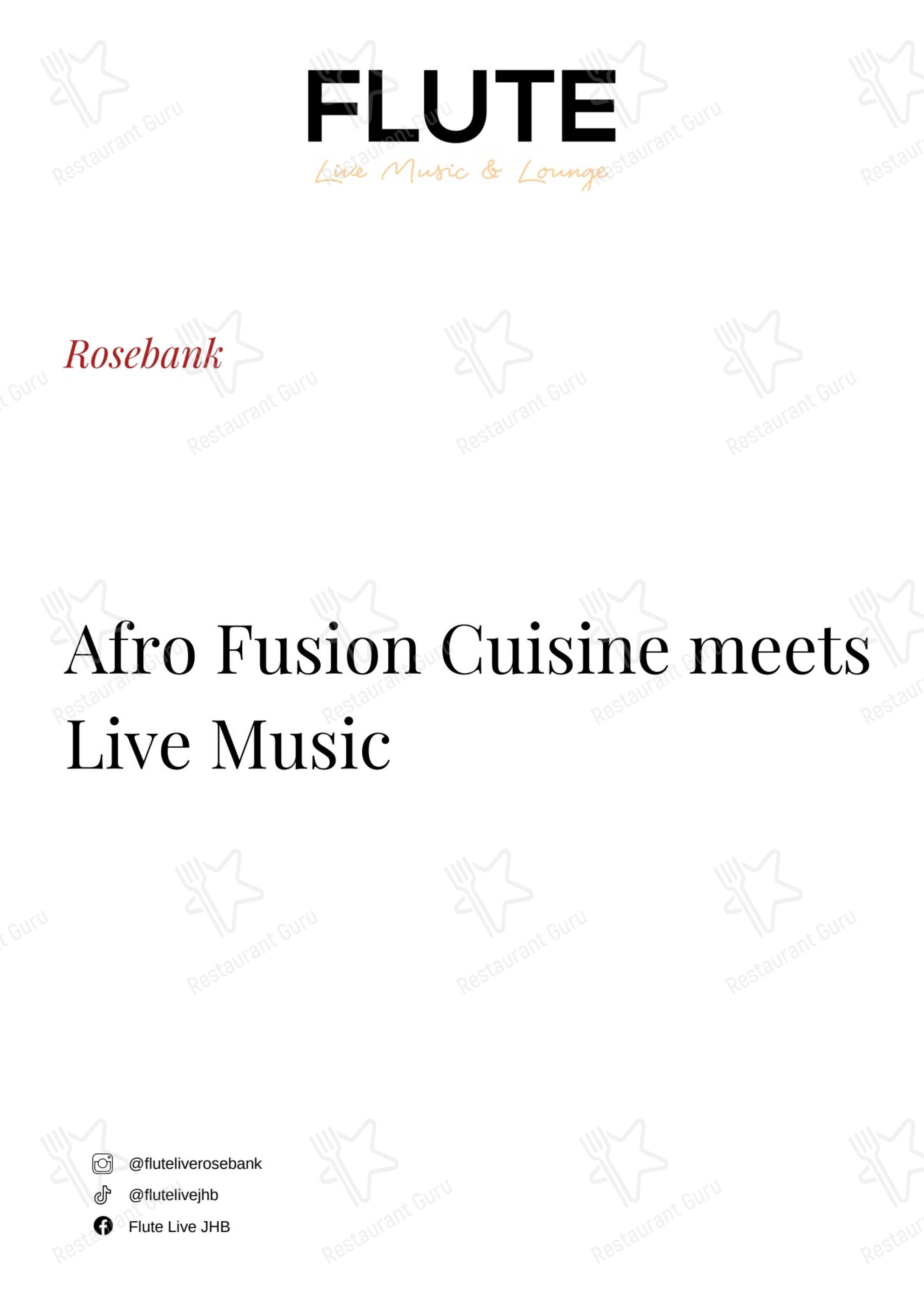 Menu at Flute Live restaurant, Johannesburg