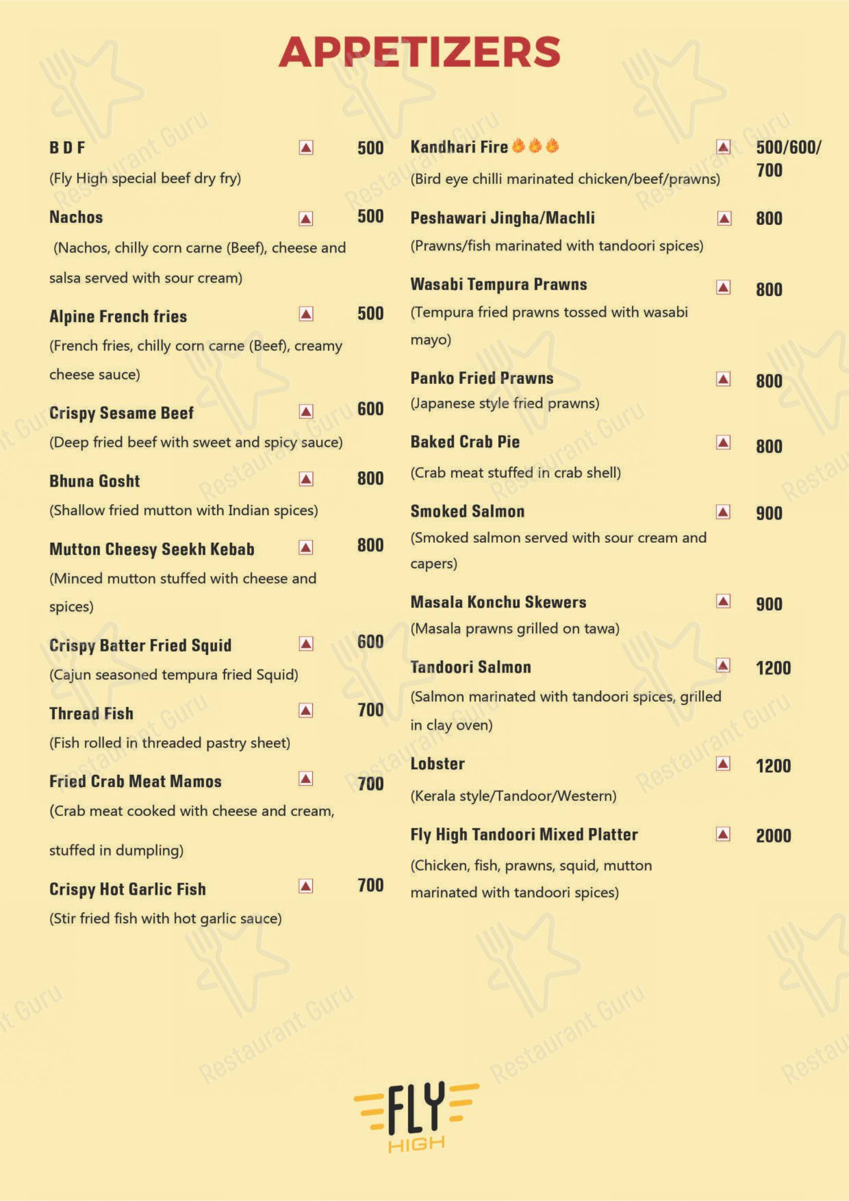 Menu at Fly High, Kochi