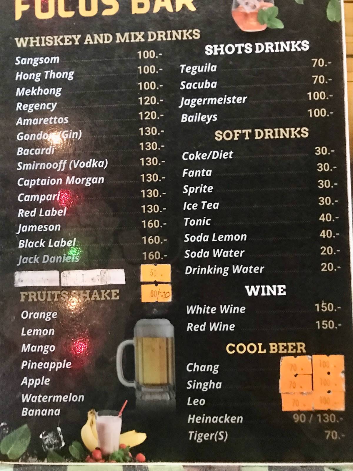 Menu at Focus bar khao lak, Khuekkhak